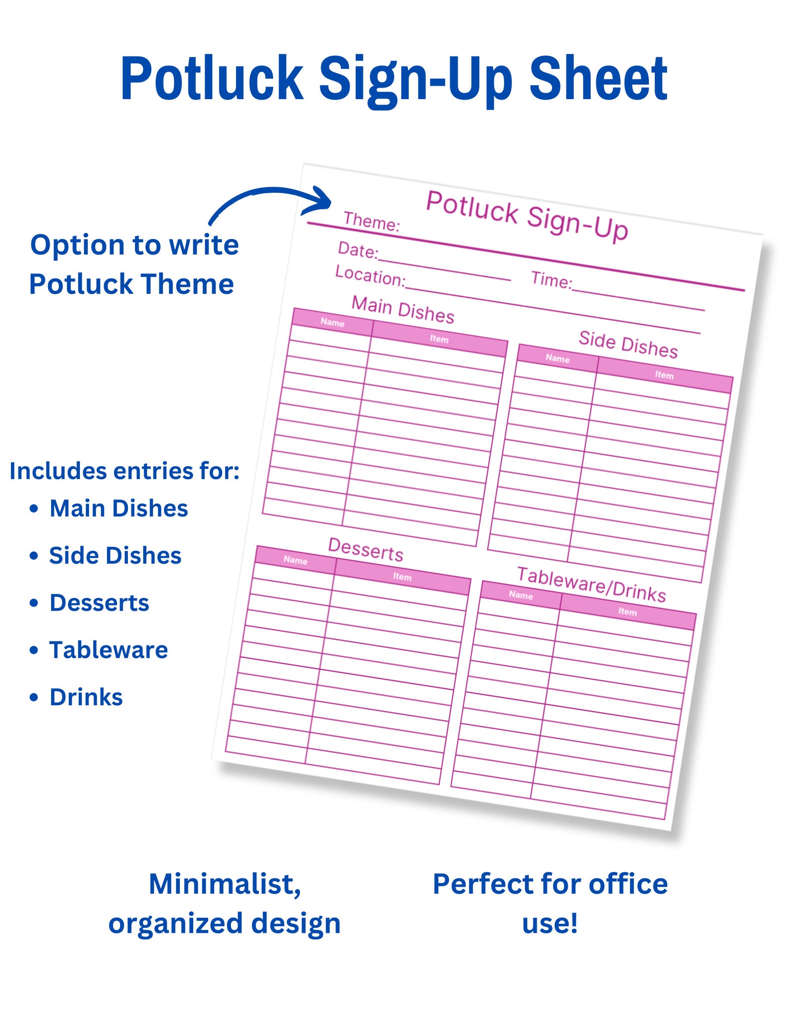 Printable Potluck Sign up Sheet Pink Theme - Etsy