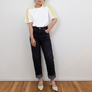 Yellow Ruffled Sleeve T-shirt. Cotton Voile Ruffle on White Cotton Tee ...