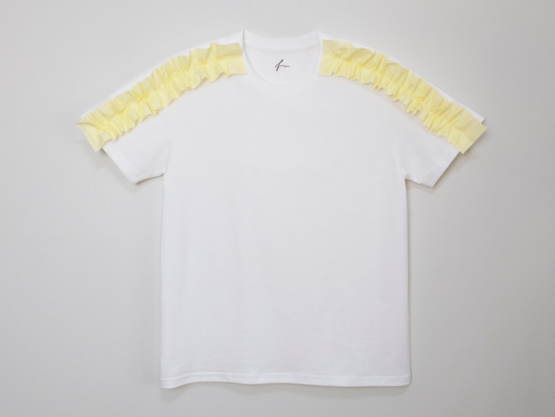 Yellow Ruffled Sleeve T-shirt. Cotton Voile Ruffle on White Cotton Tee ...