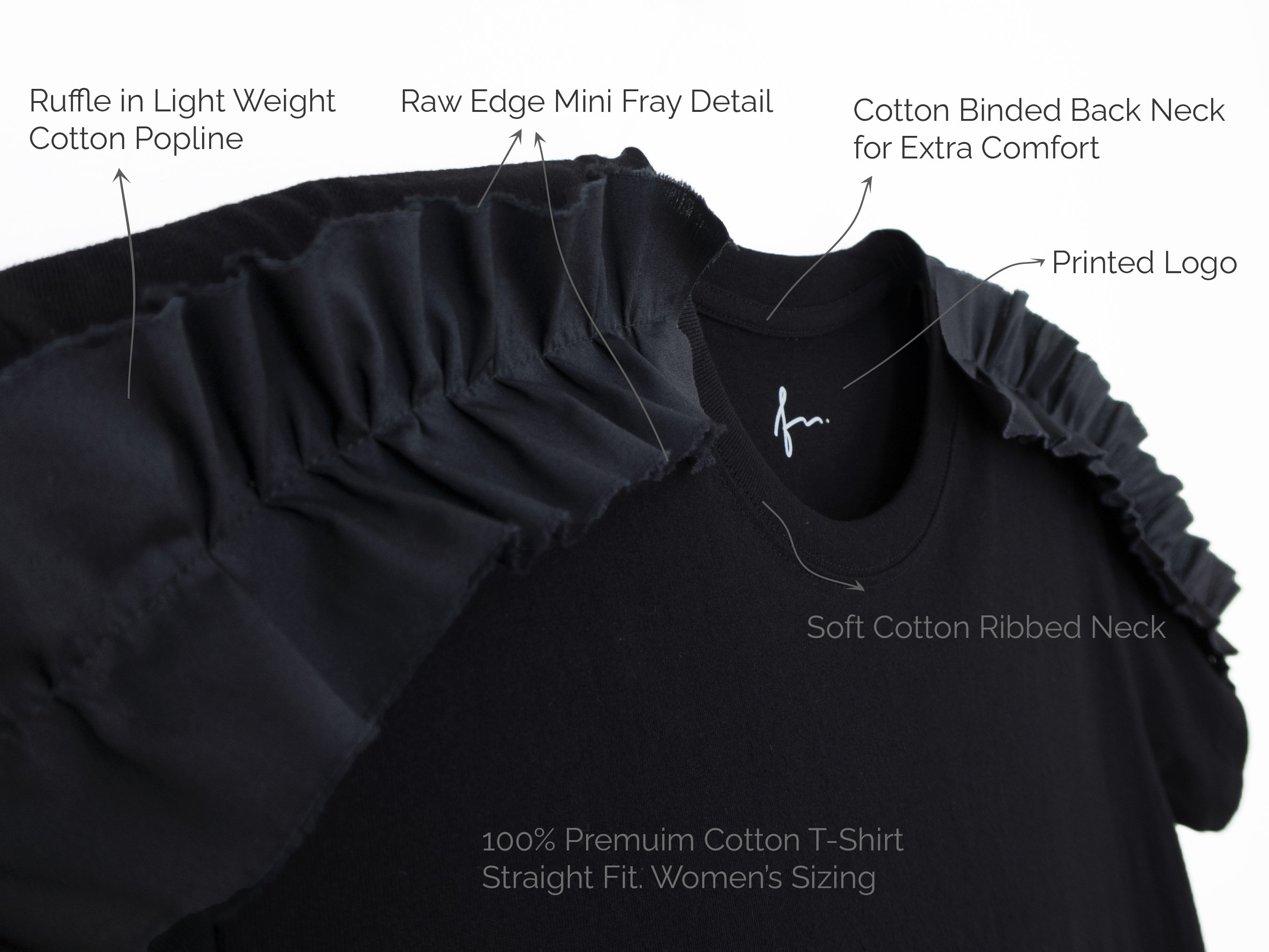 Black Cotton Poplin Ruffle T-shirt. Women's Ruffled Tshirt. Elegant ...