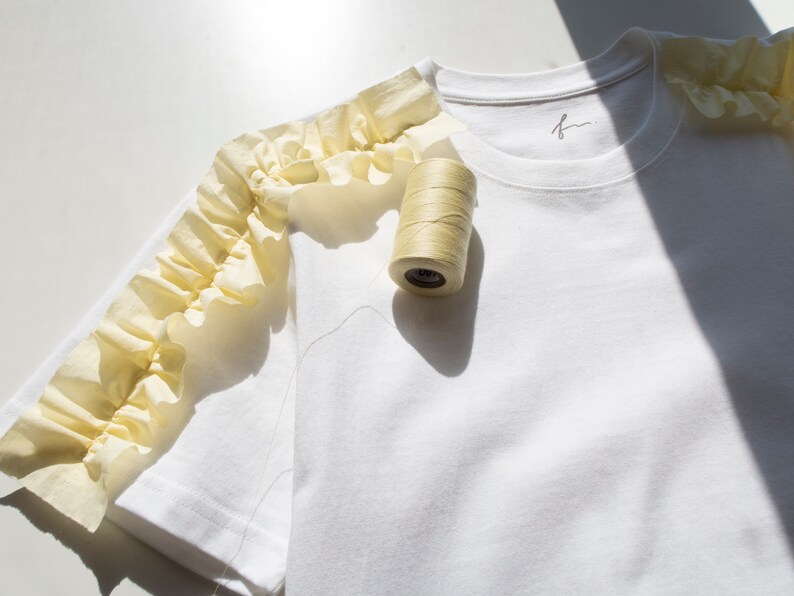 Yellow Ruffled Sleeve T-shirt. Cotton Voile Ruffle on White Cotton Tee ...