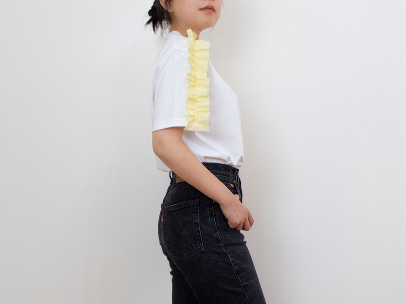 Yellow Ruffled Sleeve T-shirt. Cotton Voile Ruffle on White Cotton Tee ...