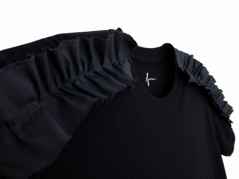 Black Cotton Poplin Ruffle T-shirt. Women's Ruffled Tshirt. Elegant ...