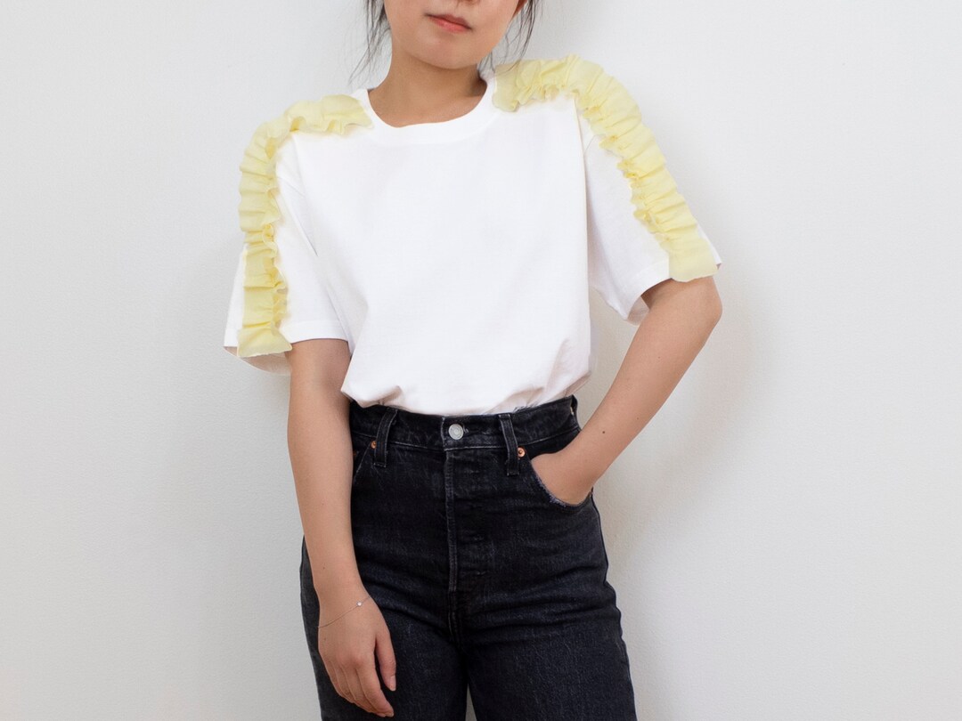 Yellow Ruffled Sleeve T-shirt. Cotton Voile Ruffle on White Cotton Tee ...