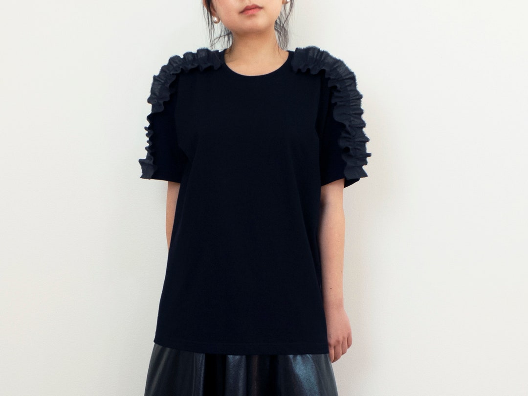 Black Cotton Poplin Ruffle T-shirt. Women's Ruffled Tshirt. Elegant ...