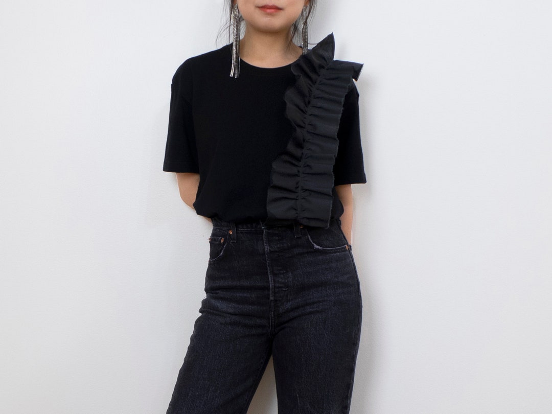 Asymmetric Ruffle T-shirt in Solid Black. Cotton Poplin Ruffle on ...