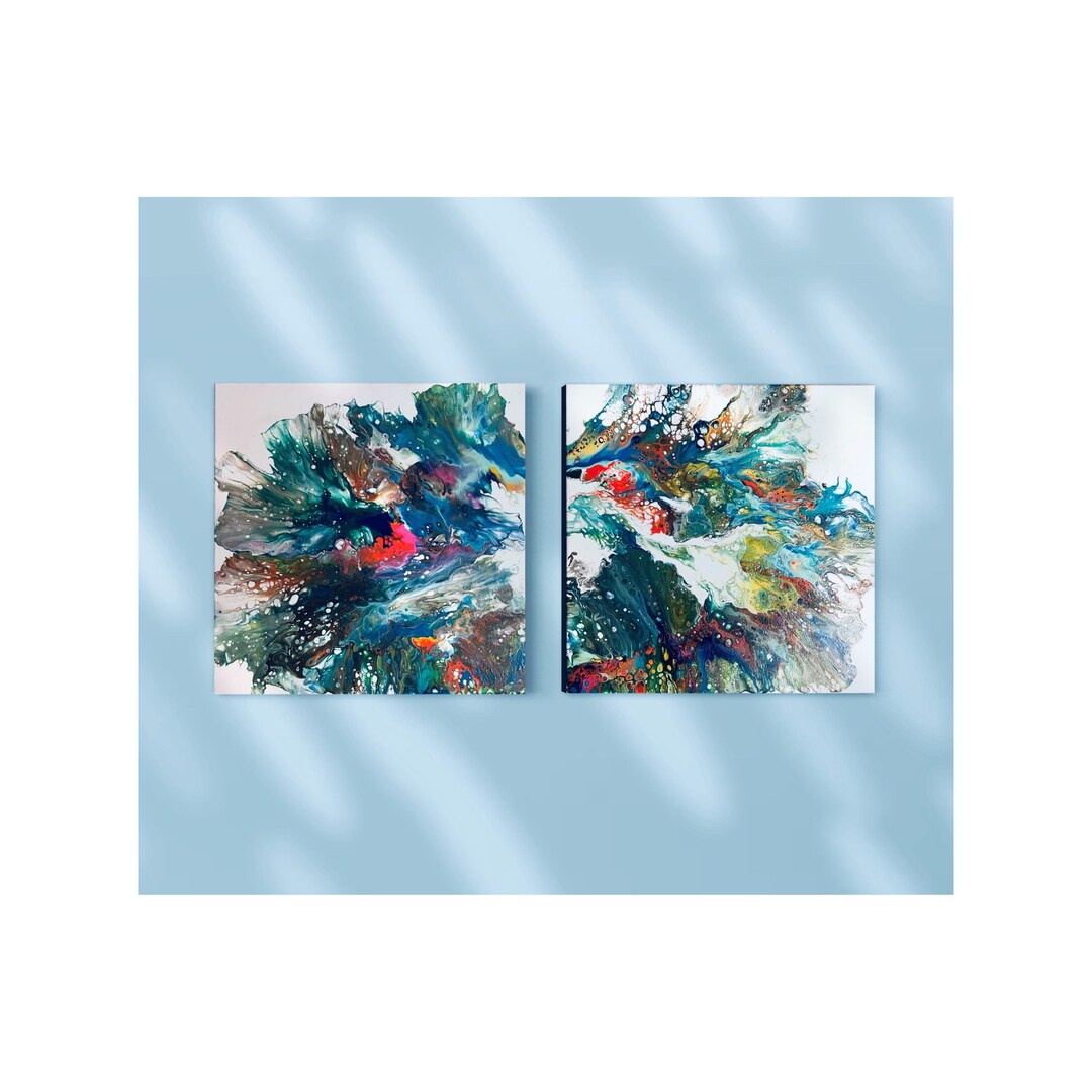 Set of 2 Wall Art, Diptych Painting, Colorful Wall Art, Fluid Art ...