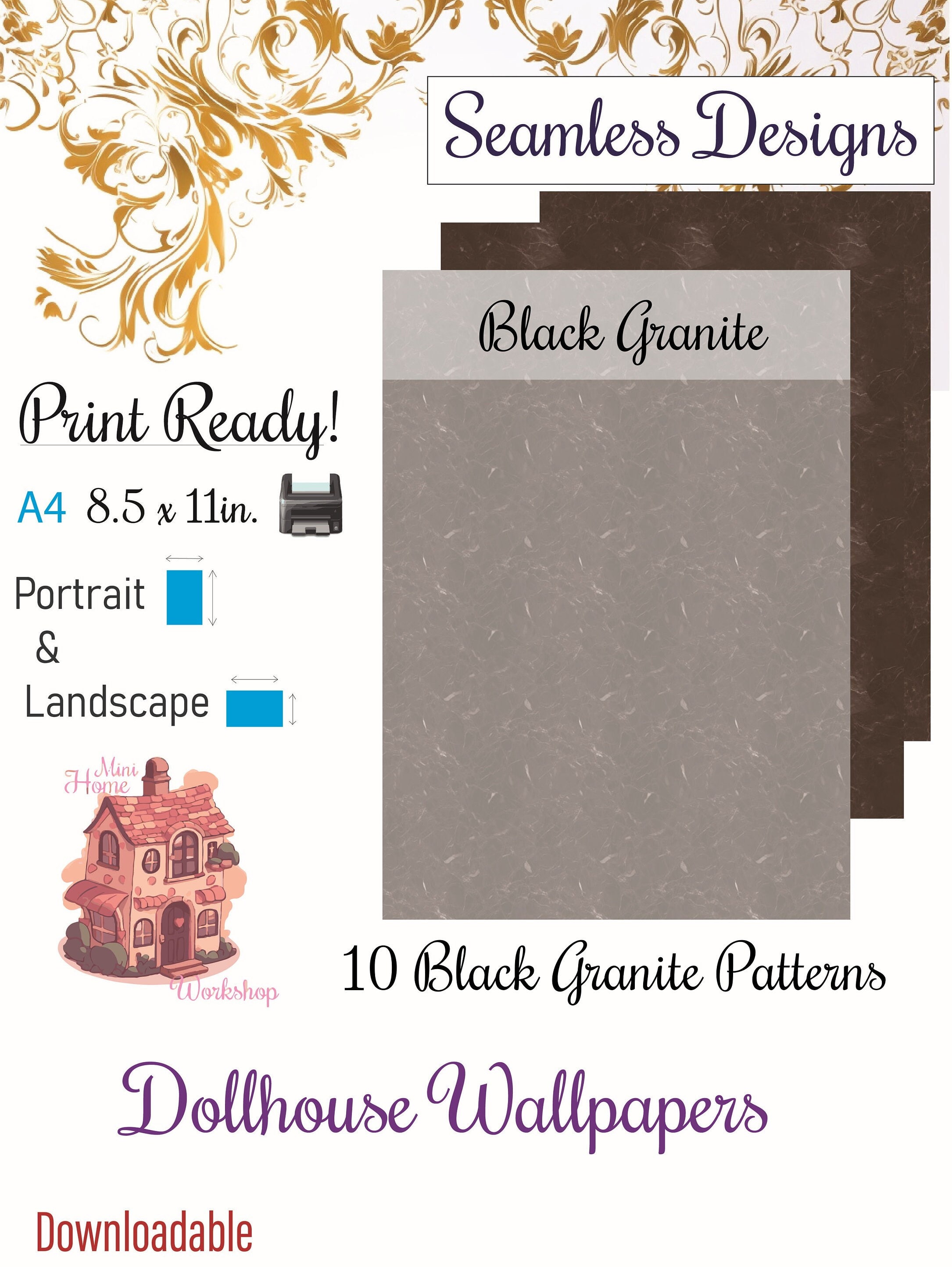 10 Printable Dollhouse Floor Patterns Digital Download 1 12 Scale Black ...
