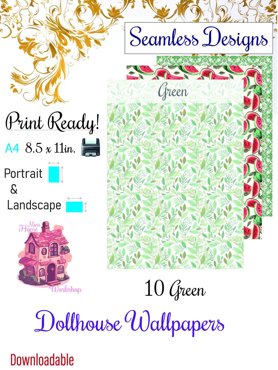10 Printable Dollhouse Wallpaper Digital Download 1 12 Scale Green ...