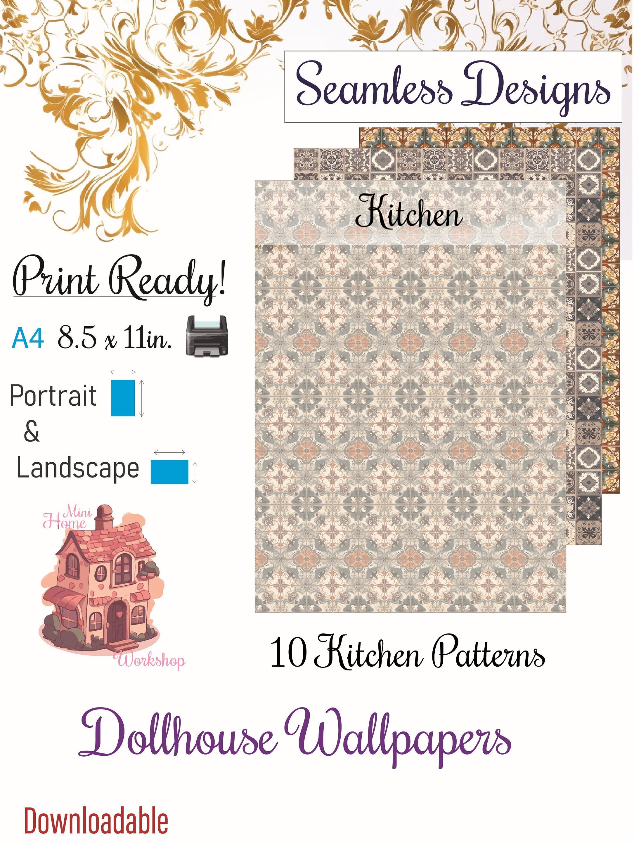 10 Printable Dollhouse Floor Patterns & Wallpaper Digital Download 1 12 ...