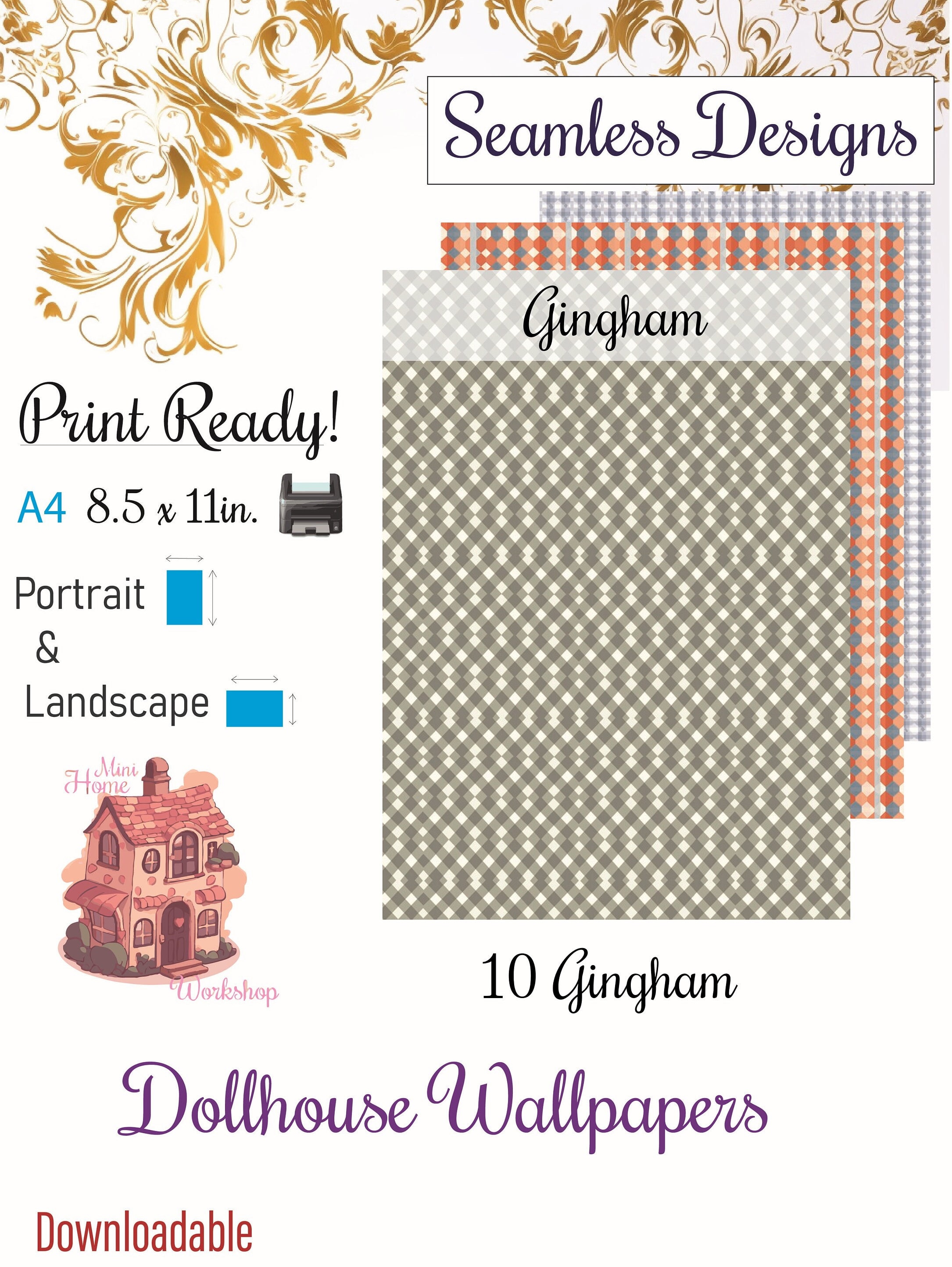 10 Printable Dollhouse Wallpapers Digital Download 1 12 Scale Gingham ...