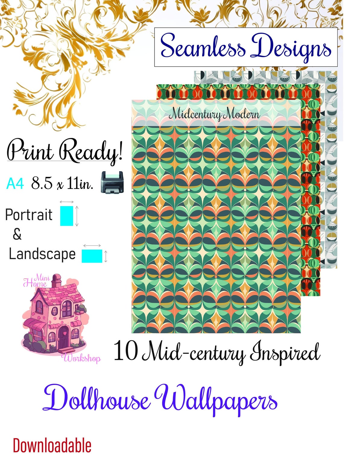 10 Printable Dollhouse Wallpaper Digital Download 1 12 Scale Modern Mid ...
