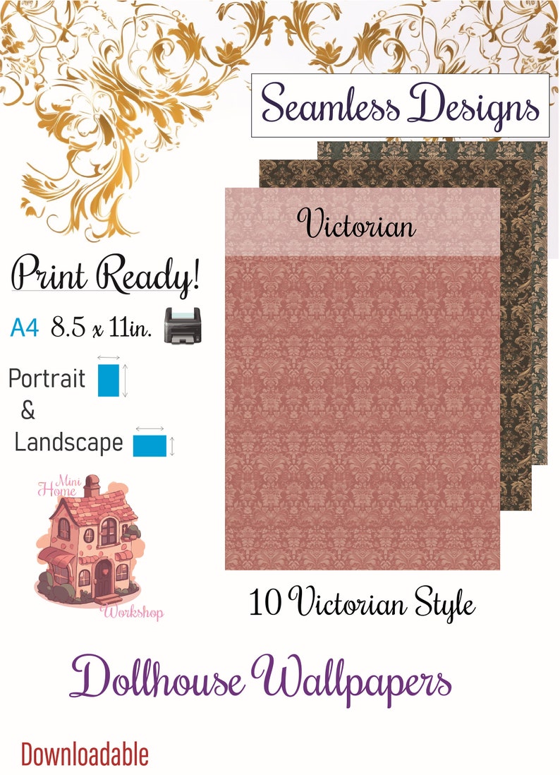 Victorian Dollhouse Wallpaper: 10 Seamless Miniature Patterns (digital ...