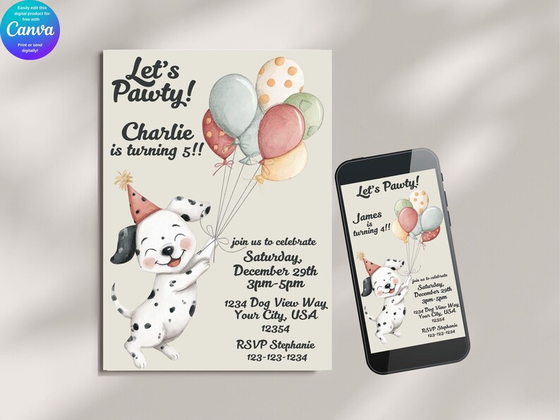 Editable Let's Pawty Birthday Invitation Template, Puppy Dog Themed ...