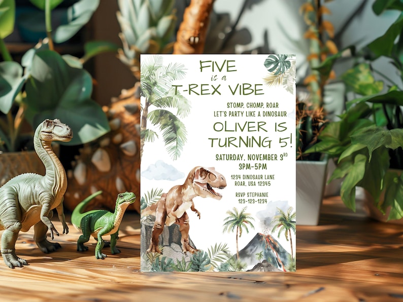 Editable Five is A T-rex Vibe-themed Birthday Invitation Template ...