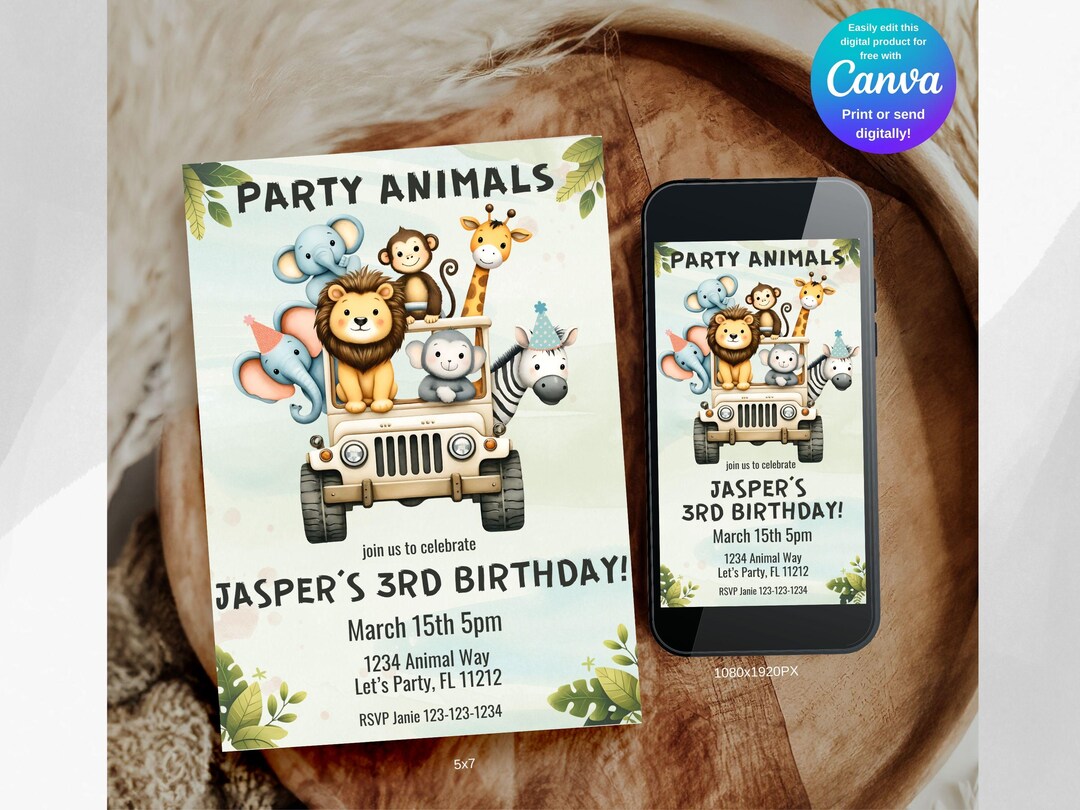 Editable Zoo Safari Animal Birthday Invitation-jungle Animal Invite ...