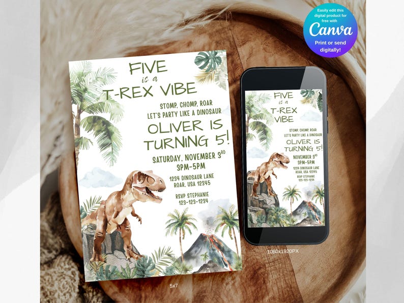 Editable Five is A T-rex Vibe-themed Birthday Invitation Template ...