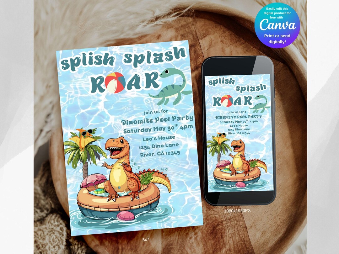 Dinosaur Pool Party Invitation Template, Dino-mite Pool Party Digital ...