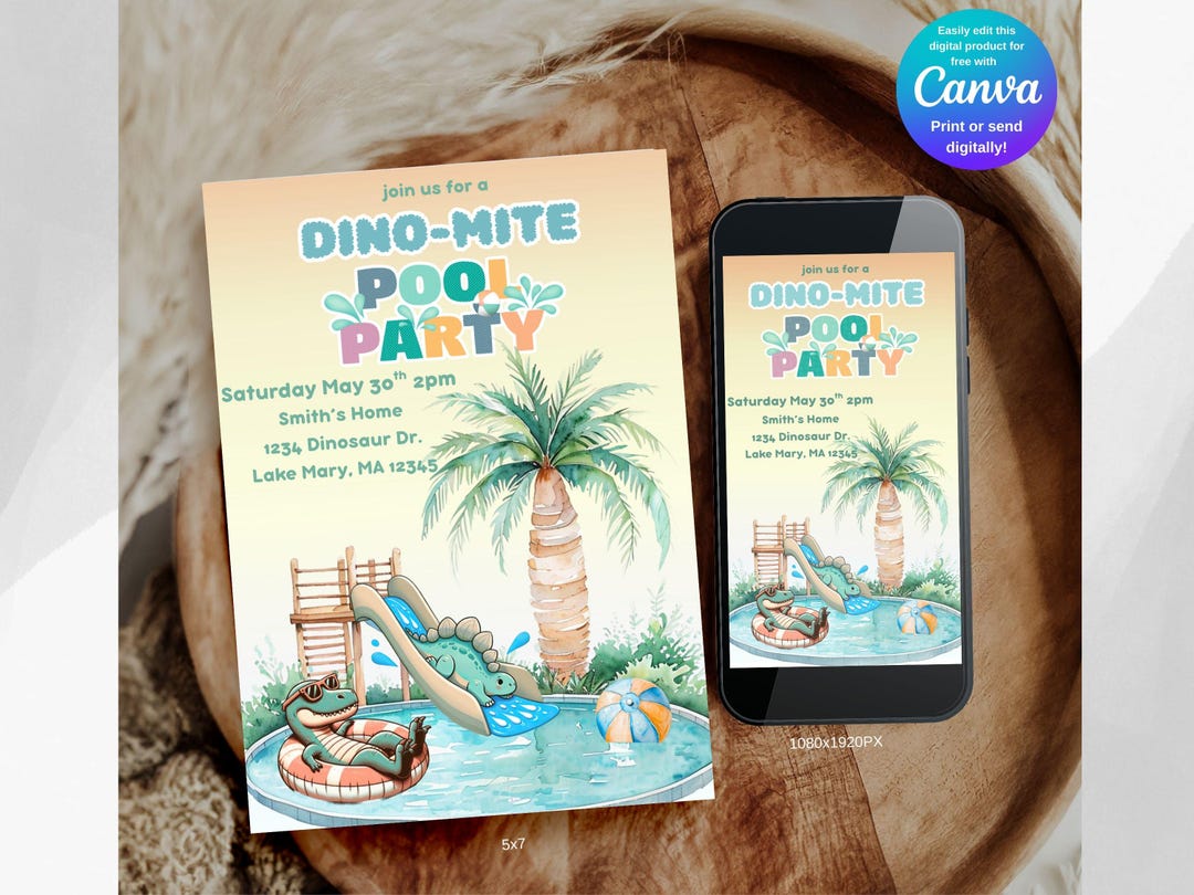 Dinosaur Pool Party Invitation Template, Dino-mite Pool Party Digital ...