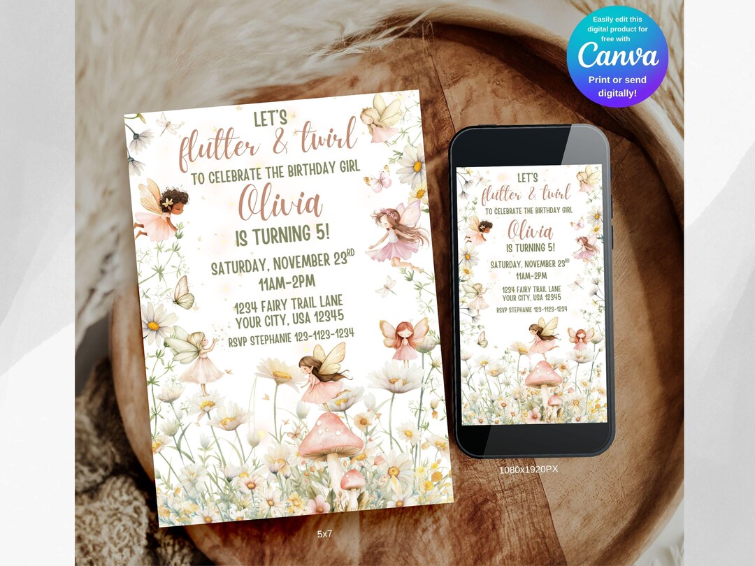 Fairy Birthday Invitation Girl, Flutter and Twirl Birthday Girl Invite ...