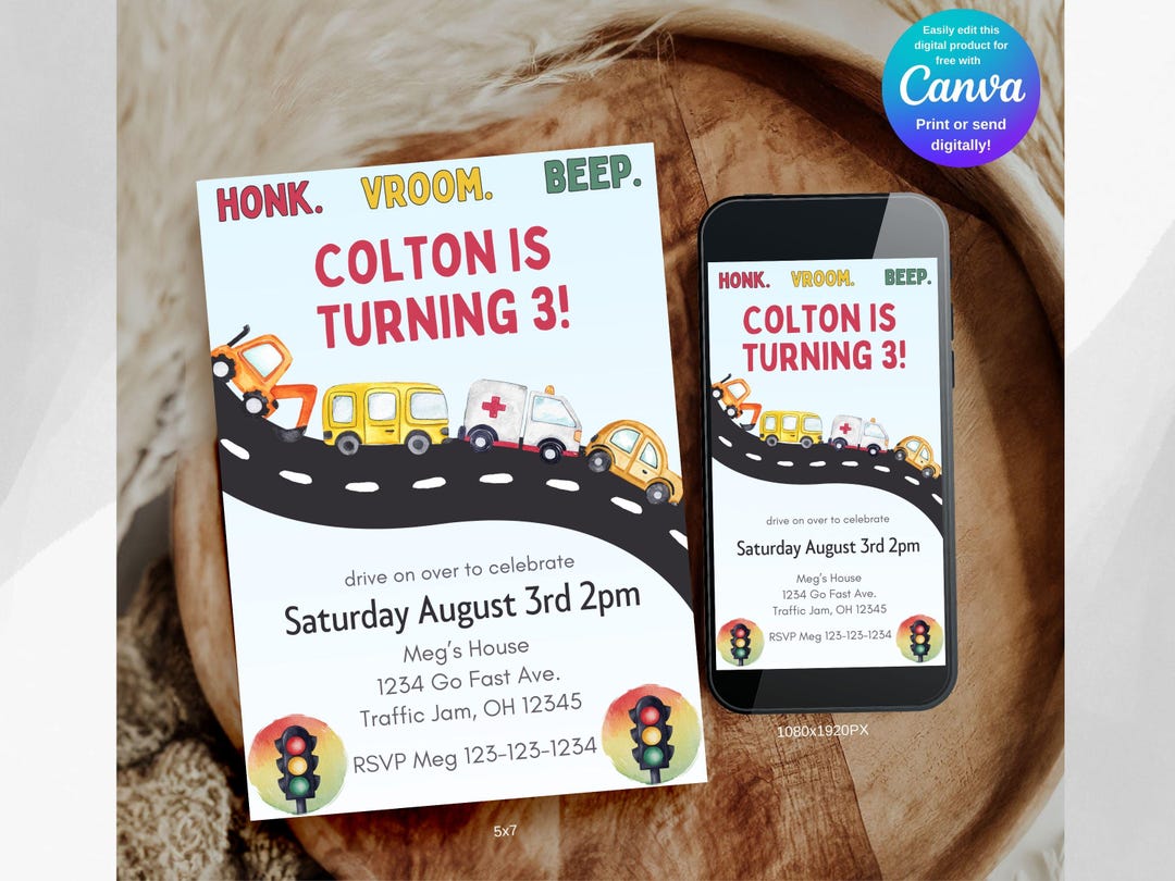 Transportation Birthday Invitation Template, Traffic Jam Design ...