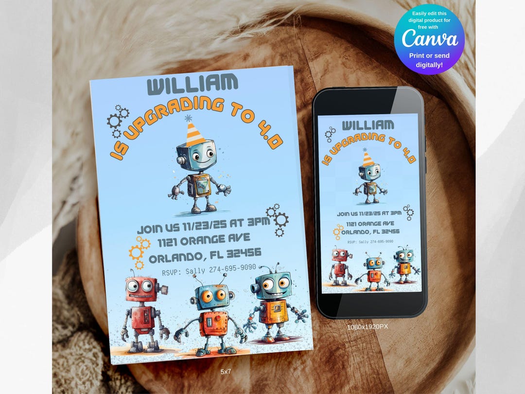 Editable Upgrading Robot Birthday Invitation, Printable Robot ...