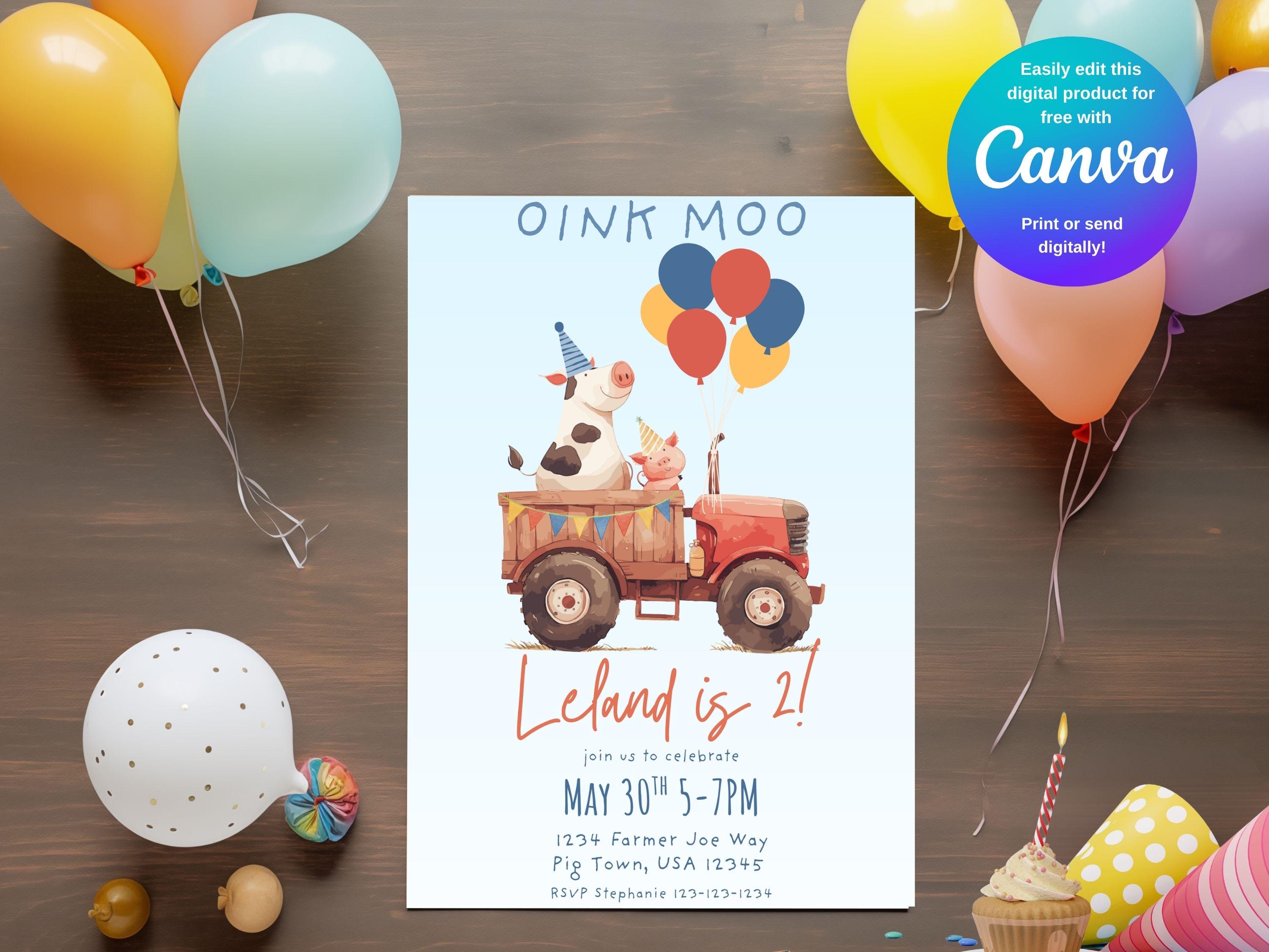 Farm Birthday Invitation, Oink Moo, Editable Template (digital Download ...