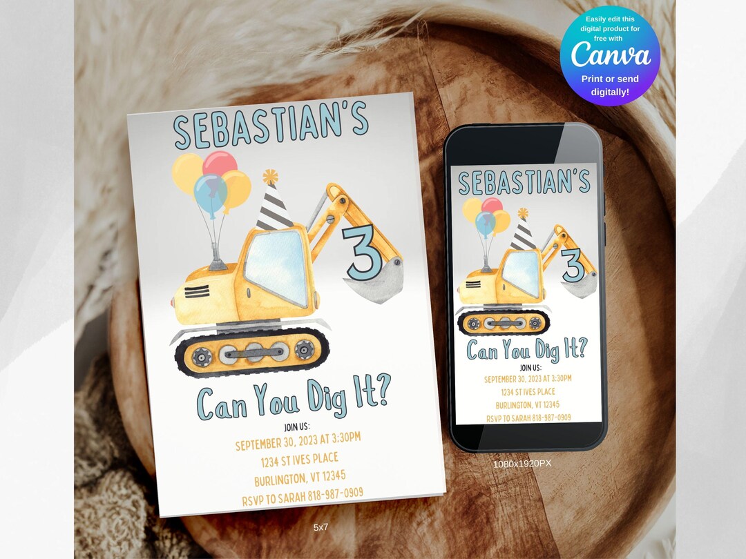 Excavator Printable Birthday Invitation, Excavator Birthday Invite ...