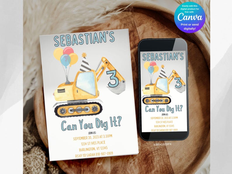 Excavator Printable Birthday Invitation, Excavator Birthday Invite ...