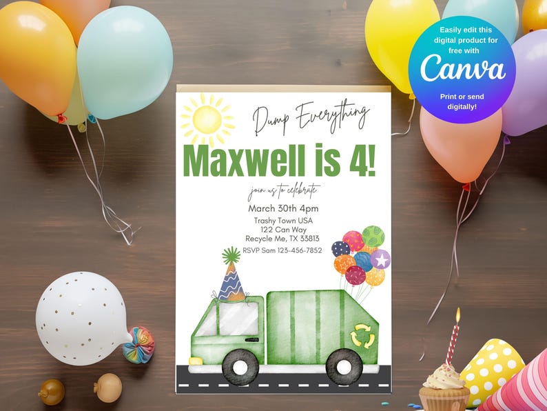 Editable Garbage Truck Birthday Digital Invitation, Dump Everything ...