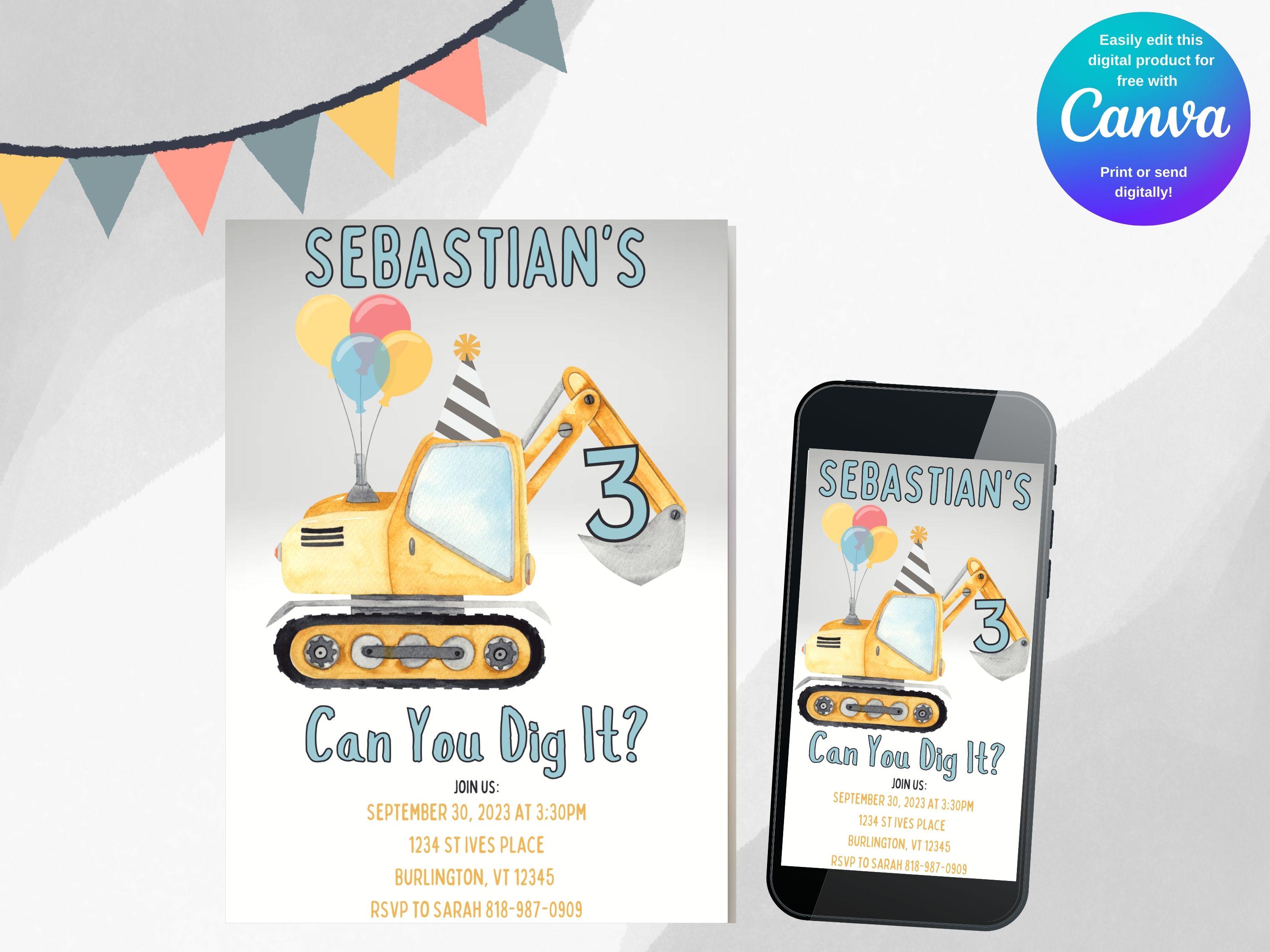 Excavator Printable Birthday Invitation, Excavator Birthday Invite ...