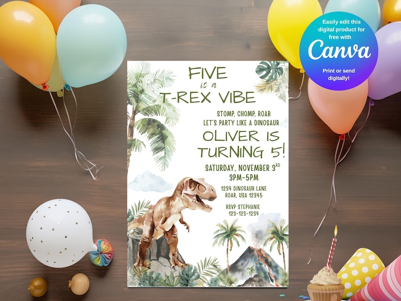 Editable Five is A T-rex Vibe-themed Birthday Invitation Template ...