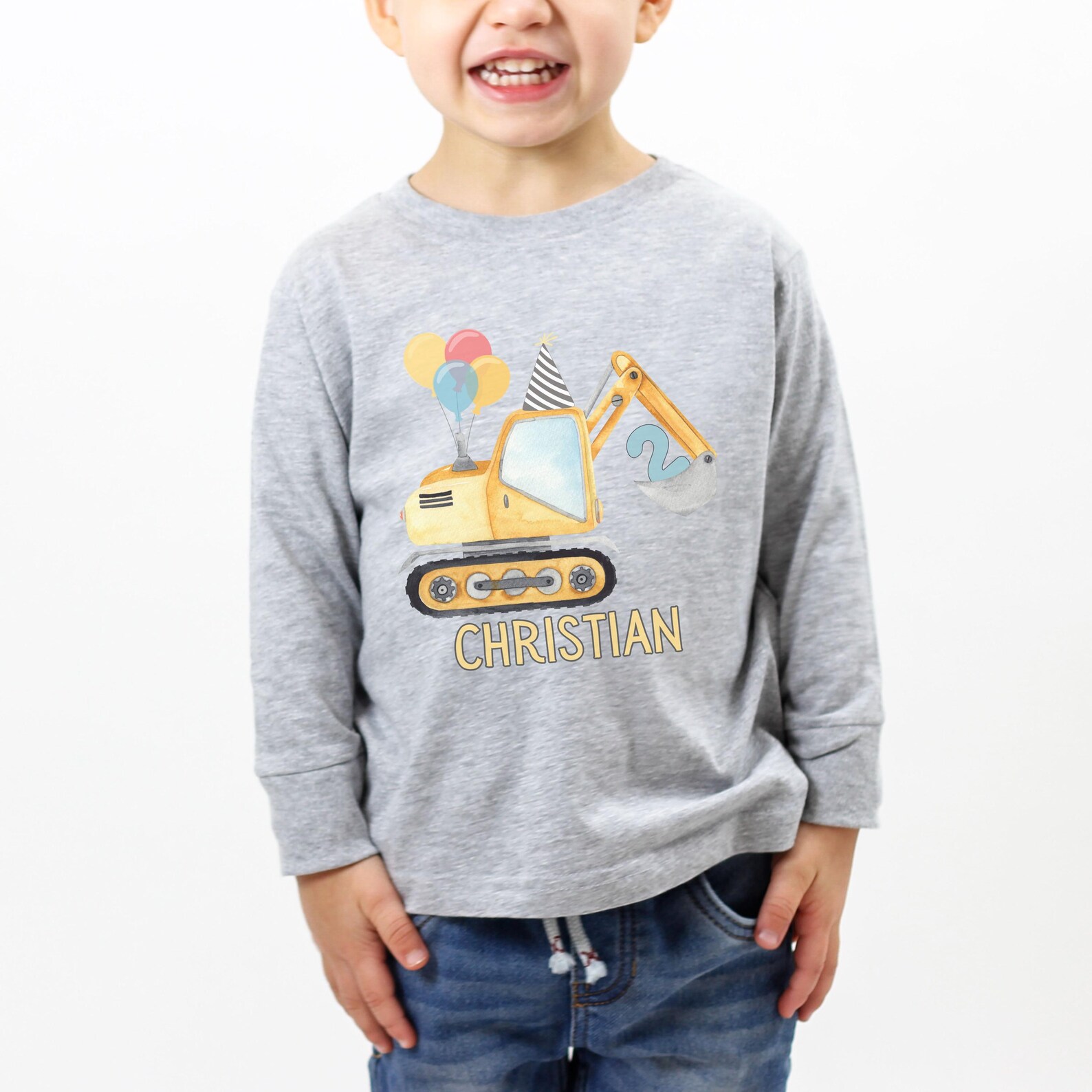 Personalized Birthday Excavator Long Sleeve Tee, Kids Construction ...