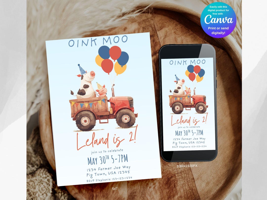 Farm Birthday Invitation, Oink Moo, Editable Template (digital Download ...