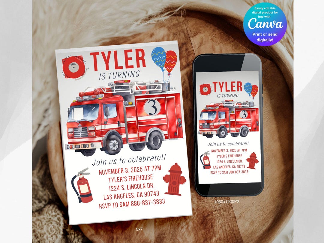 Fire Truck Printable Invitation, Digital Fire Truck Invite, Editable ...