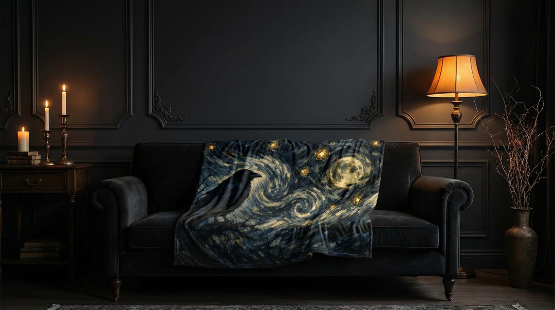 Gothic Raven Velveteen Blanket | Starry Night Throw | Dark Home Decor ...