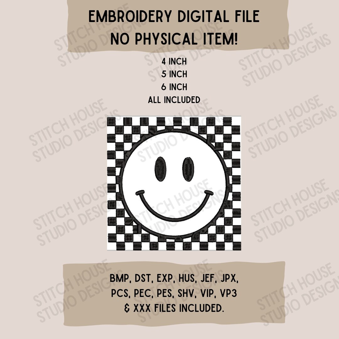 Embroidery Digital File Retro Checkered Smiley Face Bmp, Dst, Exp, Hus ...