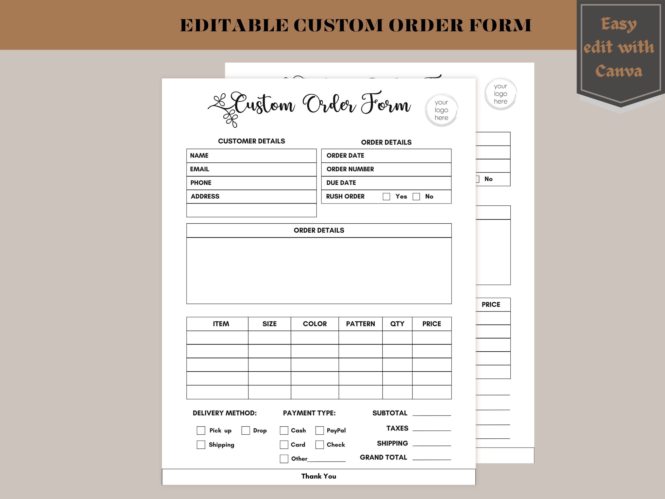 Custom Order Form Template Editable Order Form Template Craft Order ...