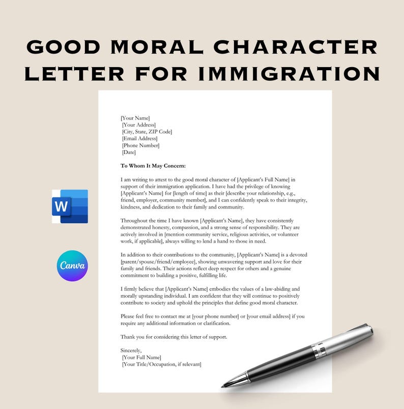 Immigration Character Reference Letter Template (digital Download) - Etsy