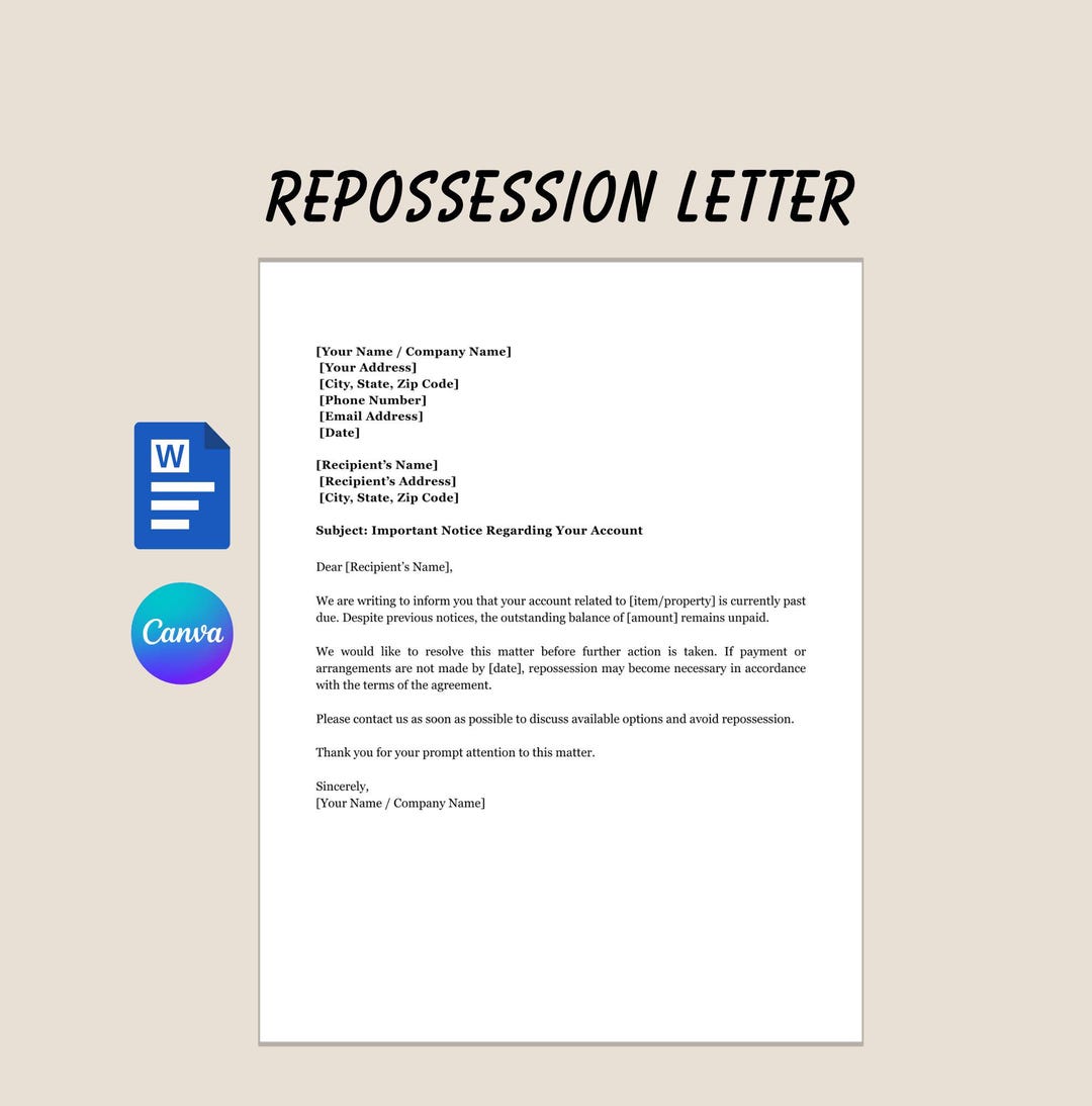 Repossession Letter Template (digital Download) - Etsy