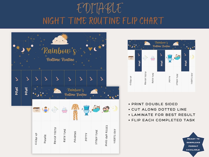 Editable Night Time Routine Printable Chore Card for Kid - Etsy Australia
