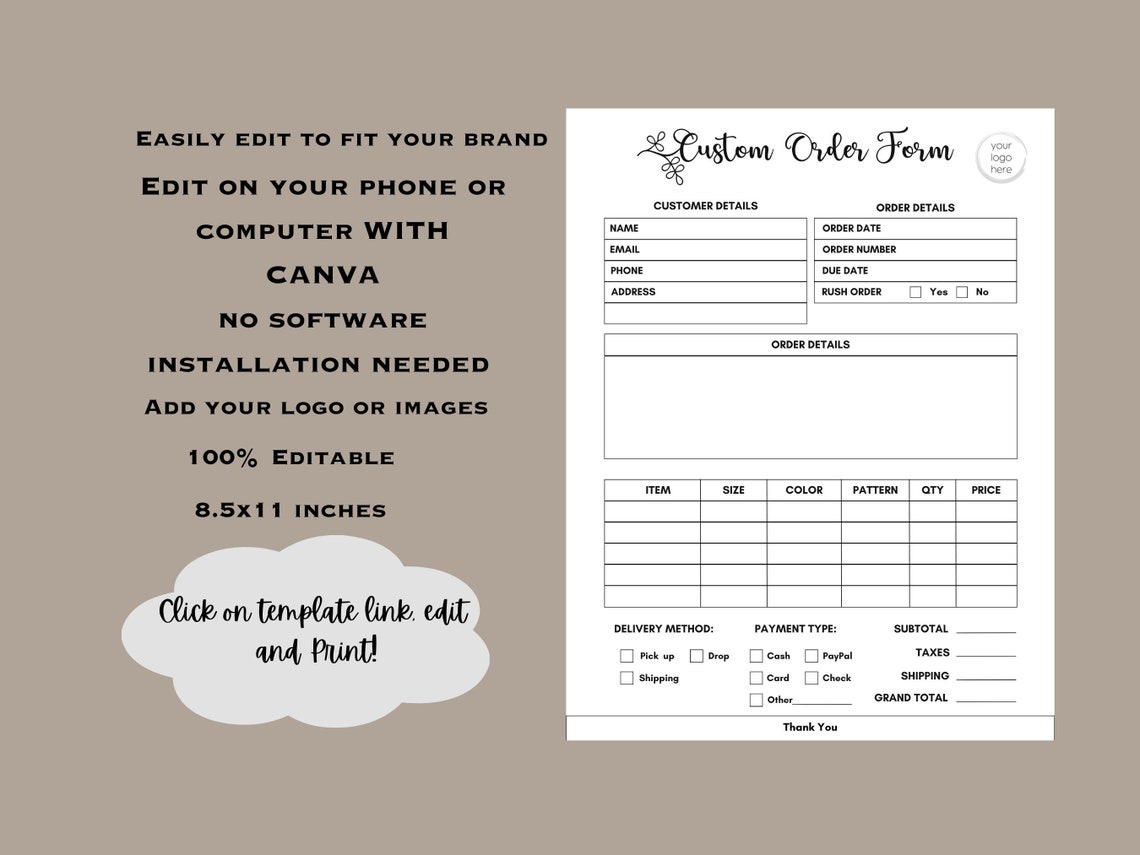 Custom Order Form Template Editable Order Form Template Craft Order Form Digital Printable - Etsy UK