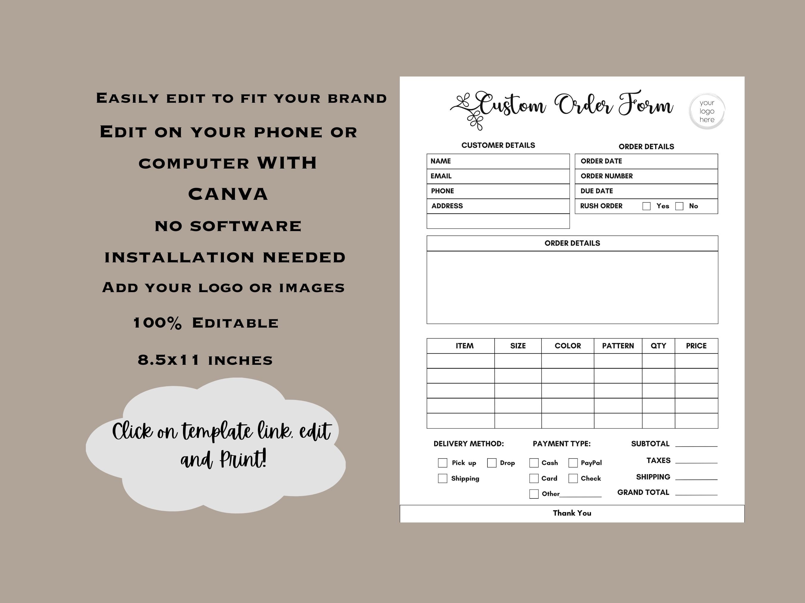 Custom Order Form Template: Editable Printable for Small Business ...