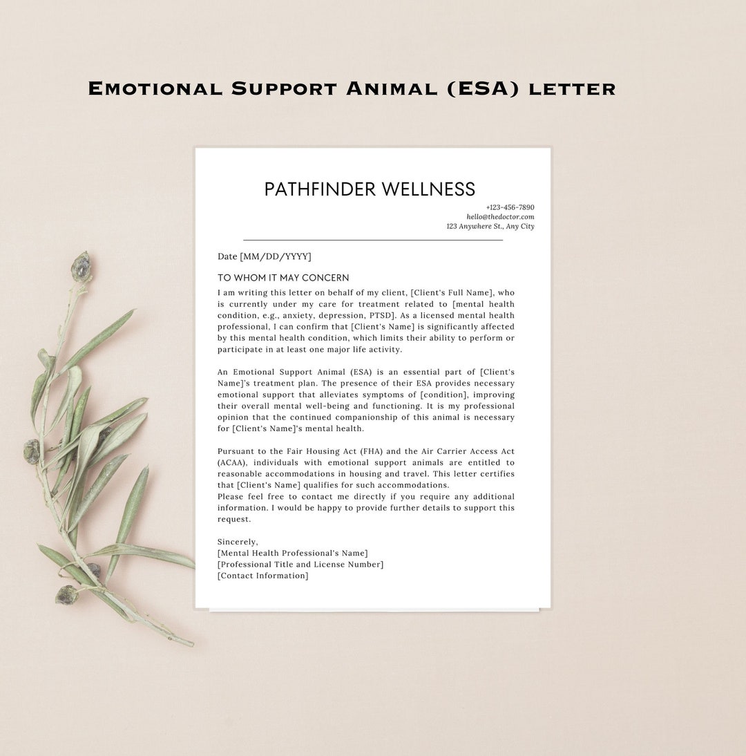 Editable ESA Letter Template: Emotional Support Animal (digital Download) - Etsy