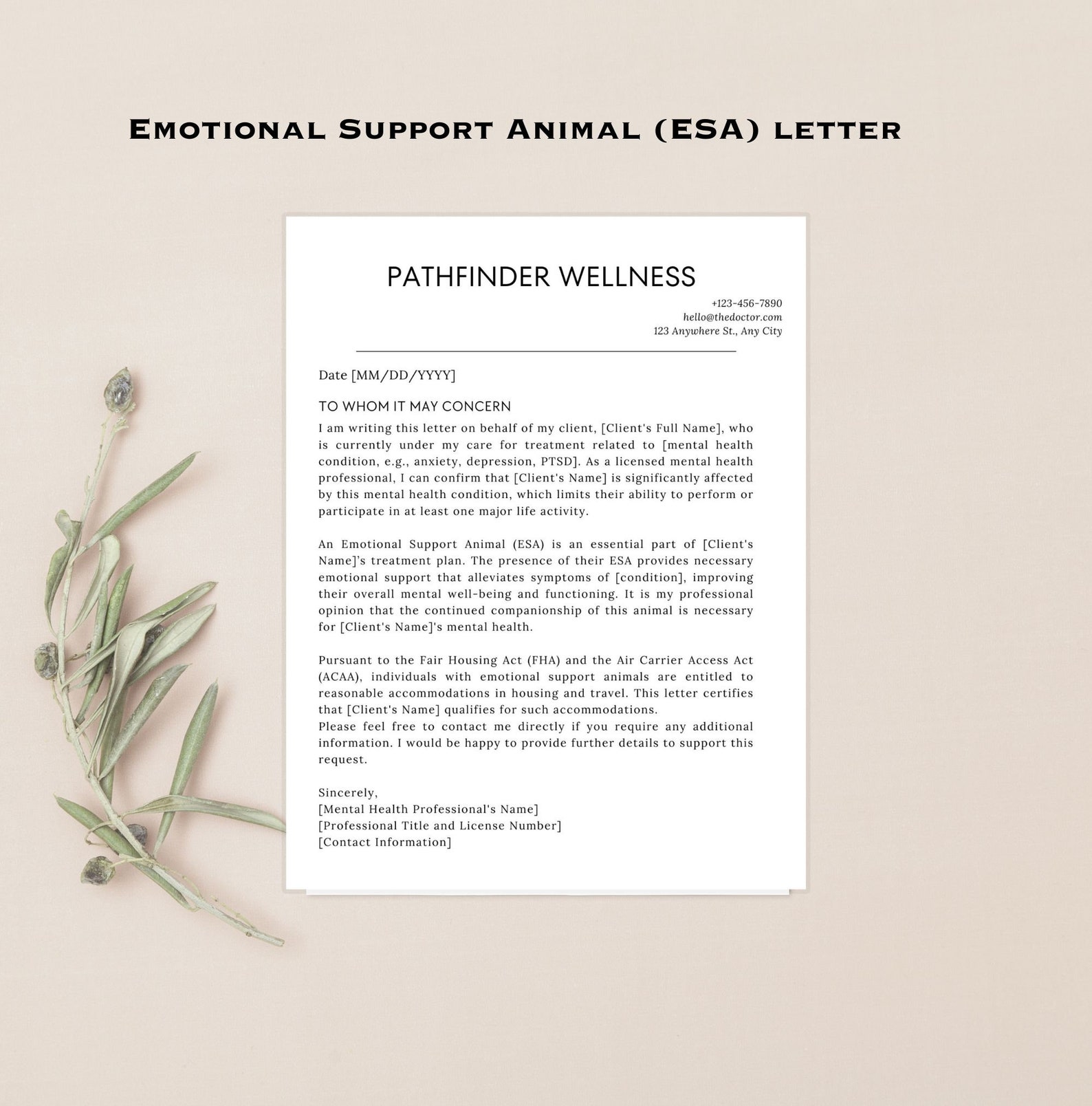 Editable ESA Letter Template: Emotional Support Animal (digital ...