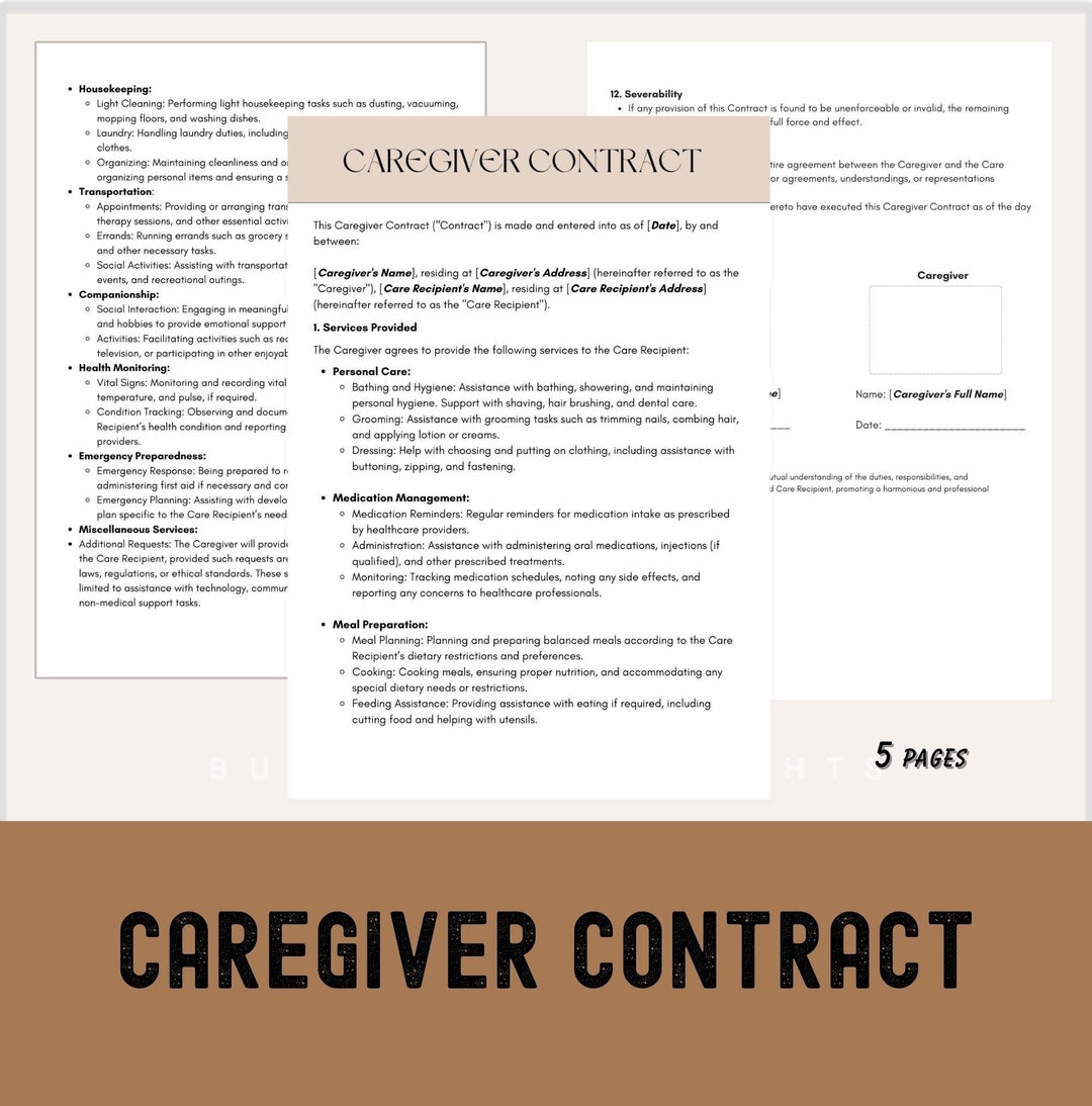 Editable Caregiver Contract Template: Printable Agreement (canva Template) - Etsy