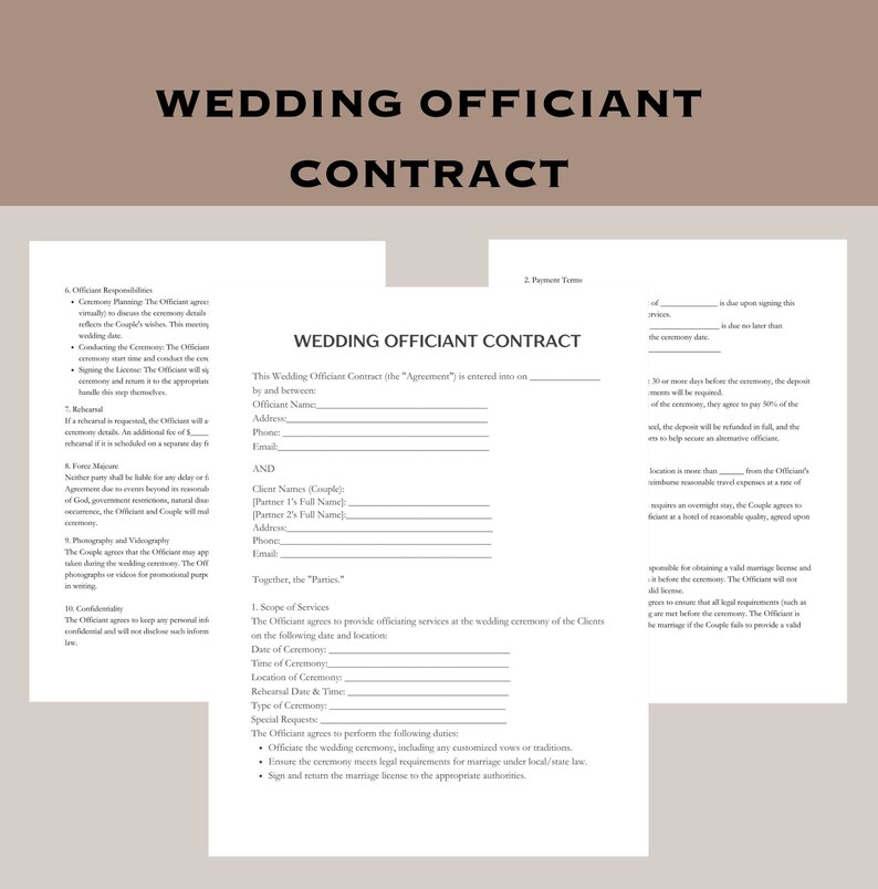 Wedding Officiant Contract Template | Customizable & Legal Agreement ...