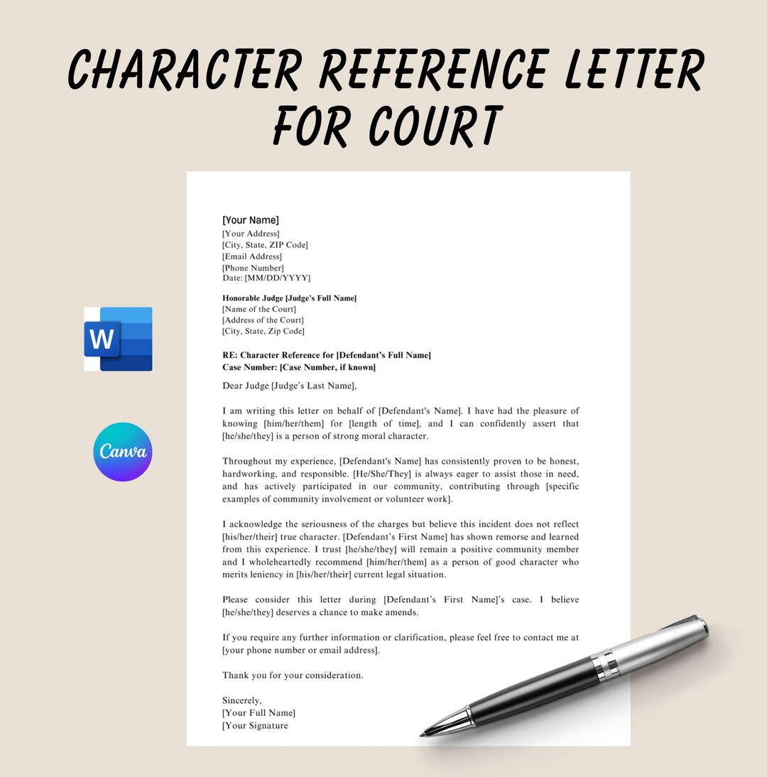 Character Reference Letter for Court Template (canva & Word) (digital ...