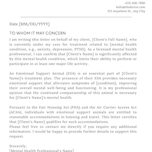 Editable ESA Letter Template: Emotional Support Animal (digital ...