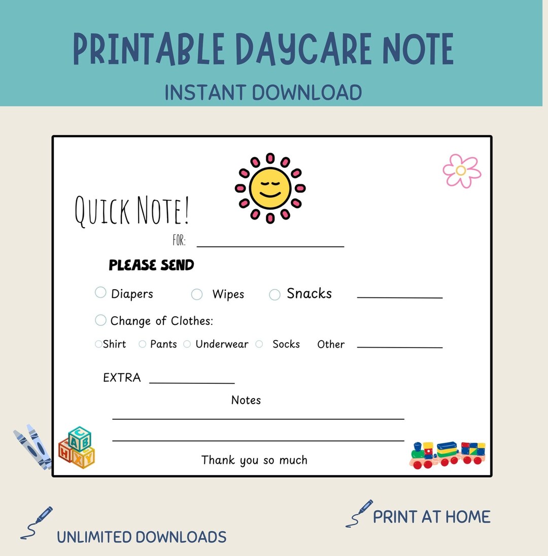 Printable Daycare Quick Note, Teacher Going Home Report, Caregiver Note ...